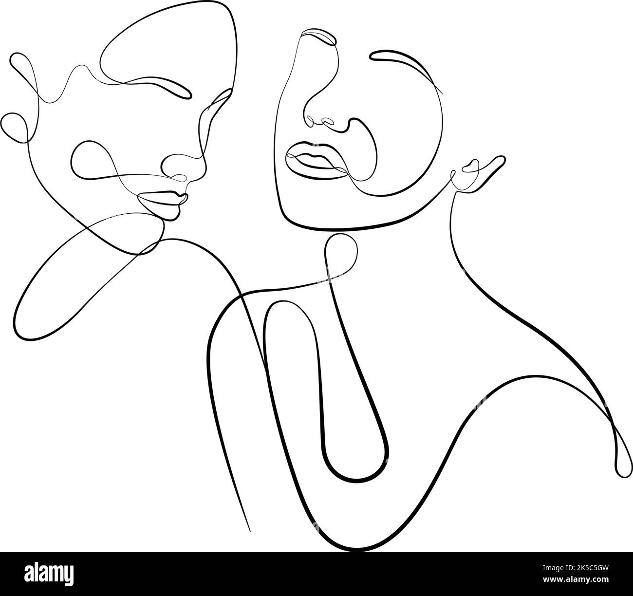 Abstract Faces Of Women Touch One Line Of A Vector Drawing Stock Vector