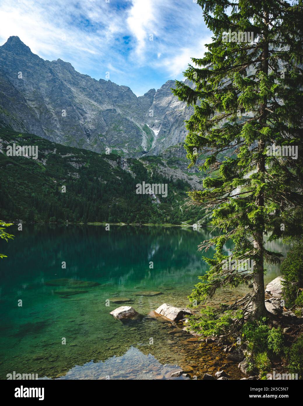 A vertical closeup of a lake reflecting, gree, rocky mountains, cloudy ...