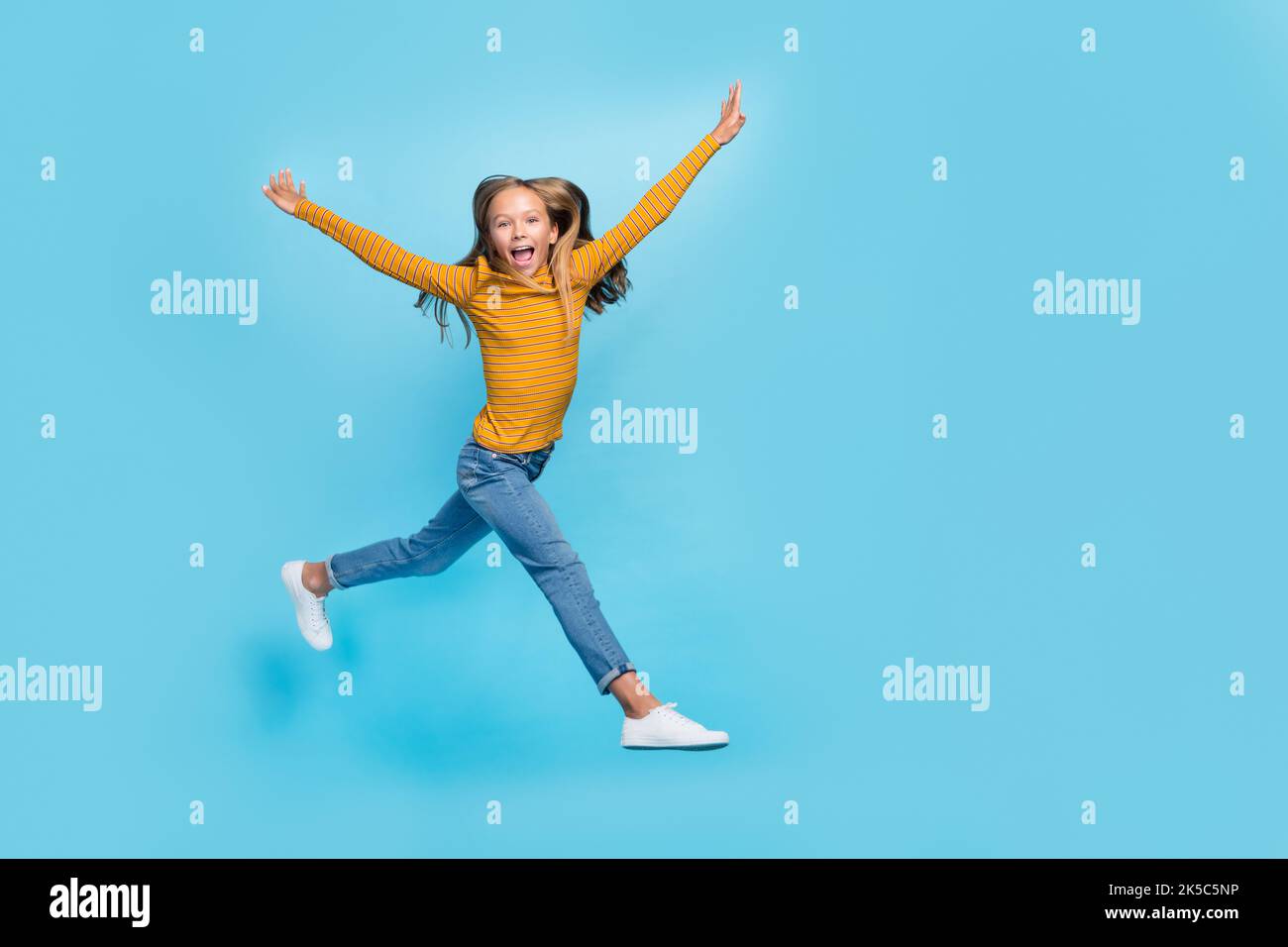 Full length photo of overjoyed excited person jumping rejoice empty ...