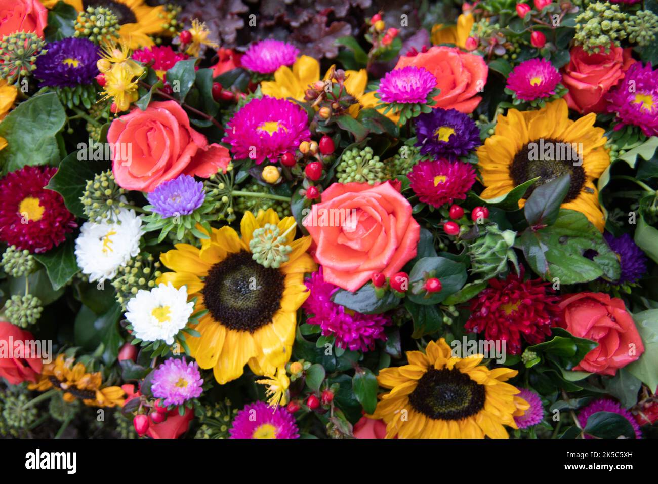 Colorful flower arrangement with sunflowers and roses Stock Photo - Alamy