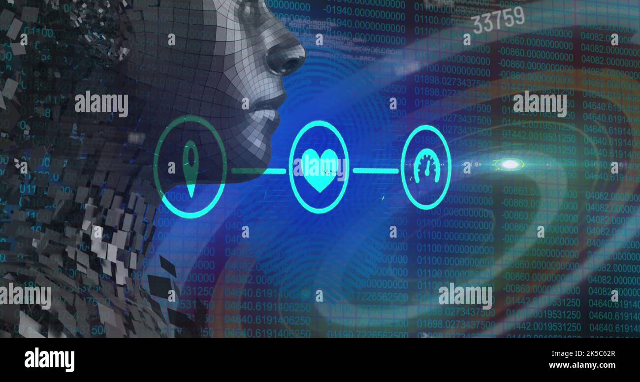 Image of data processing with icons and digital human over shapes on black background Stock ...