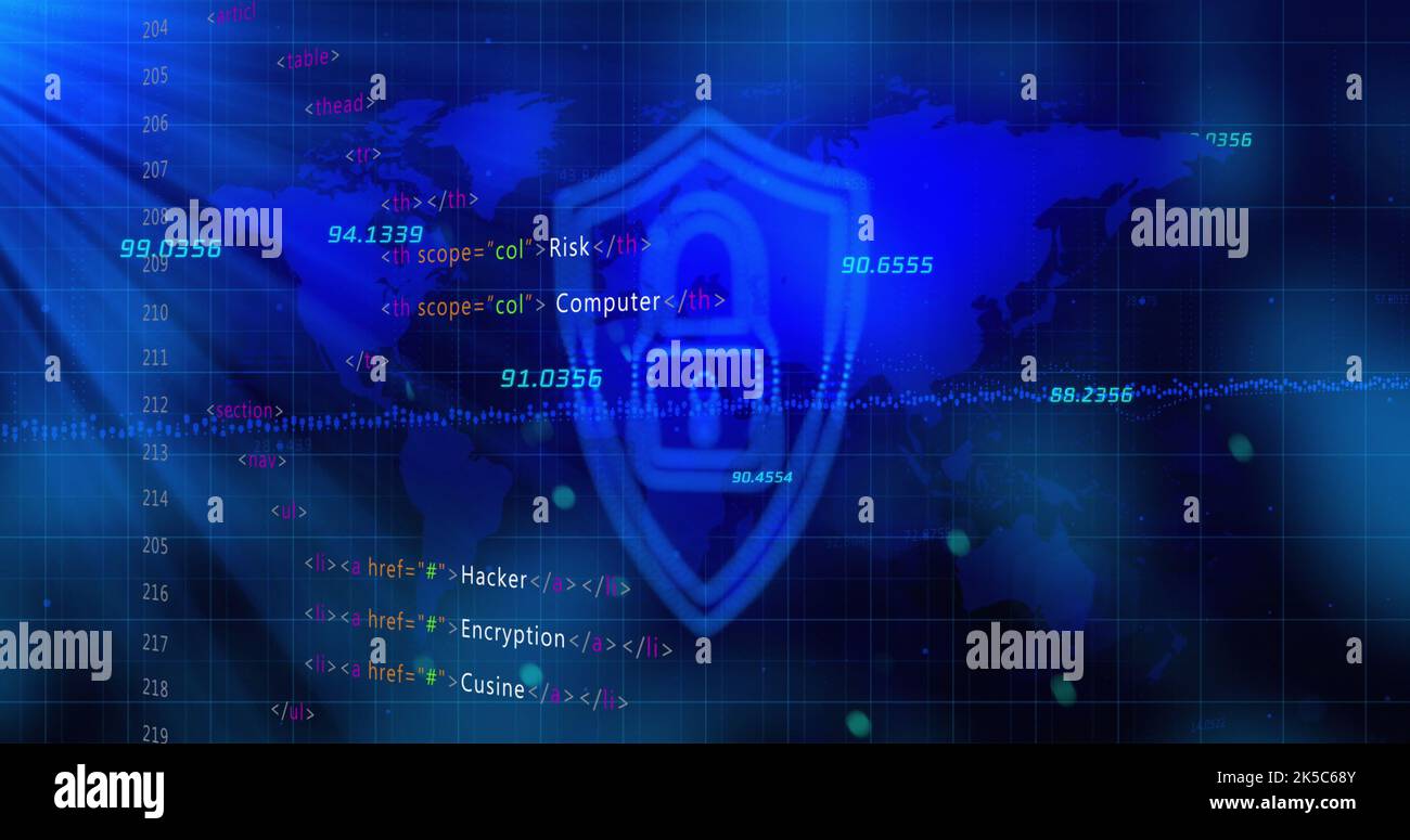 Security padlock and shield icon and stock market data processing over world map on blue ...