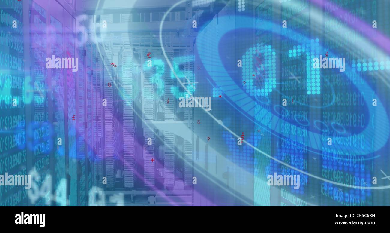 Image of stock market data processing and round scanner against computer server room Stock Photo ...