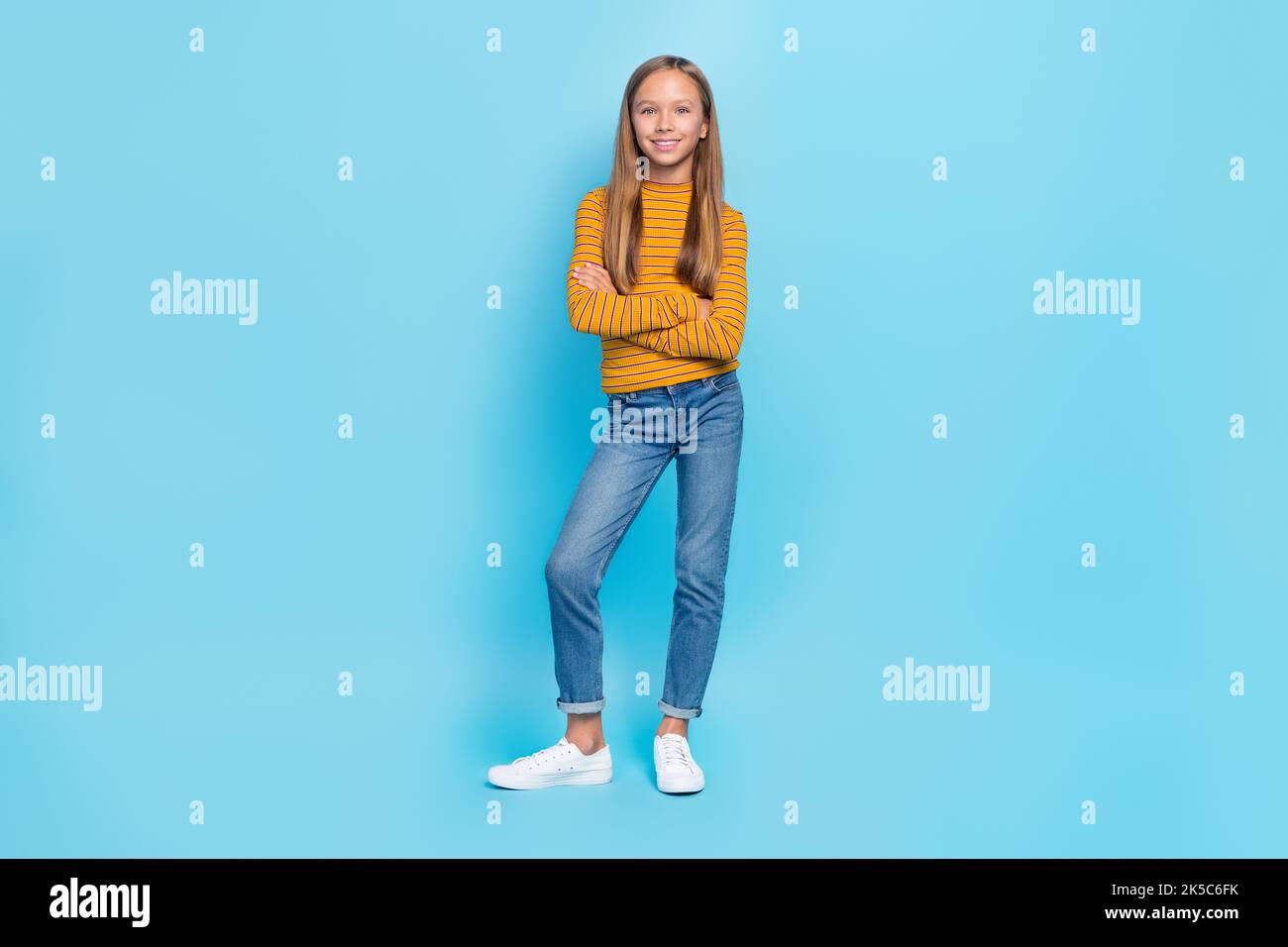 Full size portrait of satisfied adorable person crossed arms toothy ...