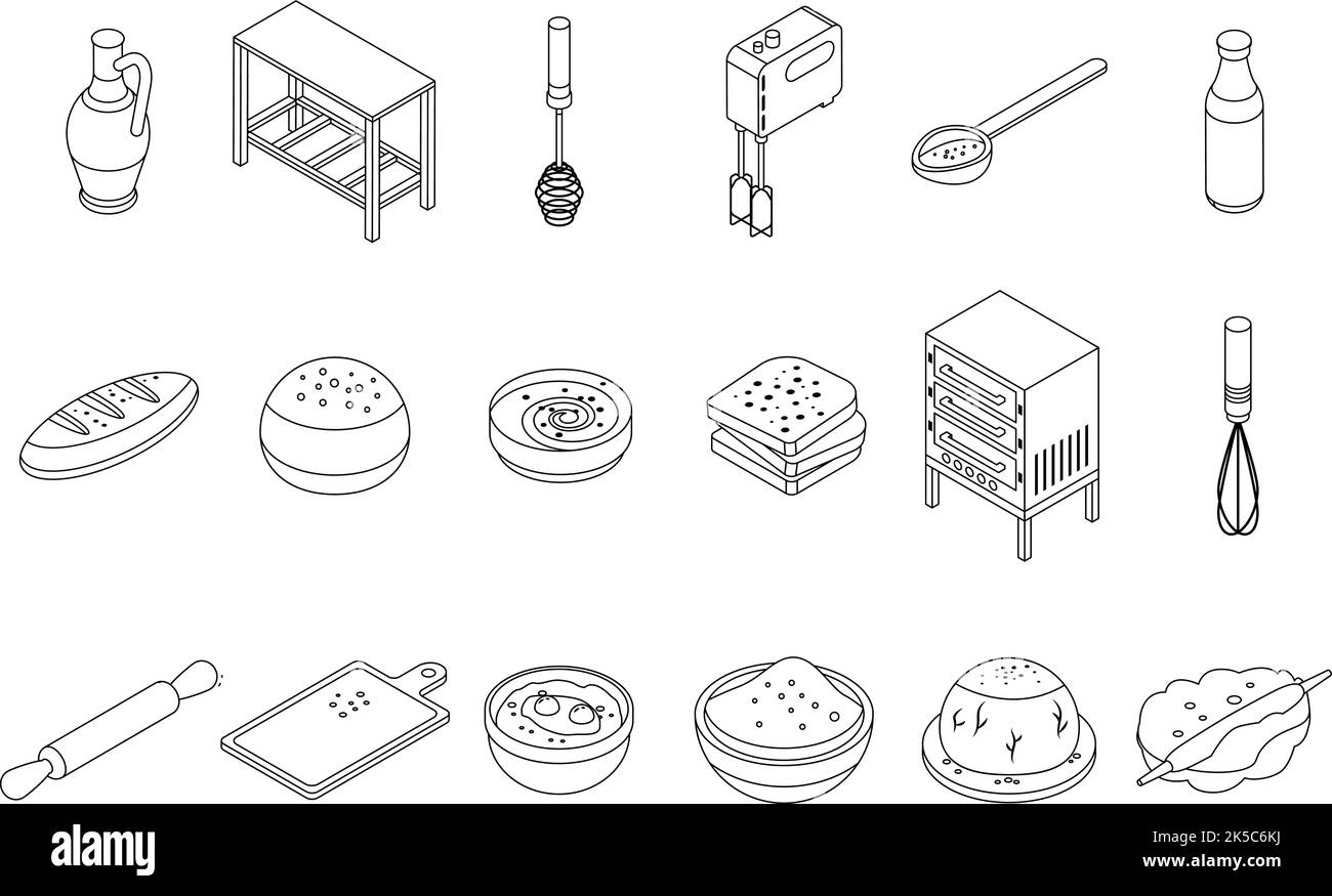 Dough icons set. Isometric set of dough vector icons thin line outline ...
