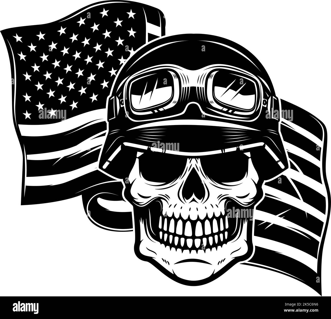 Racer skull on usa flag background. Biker skull. Design element for ...