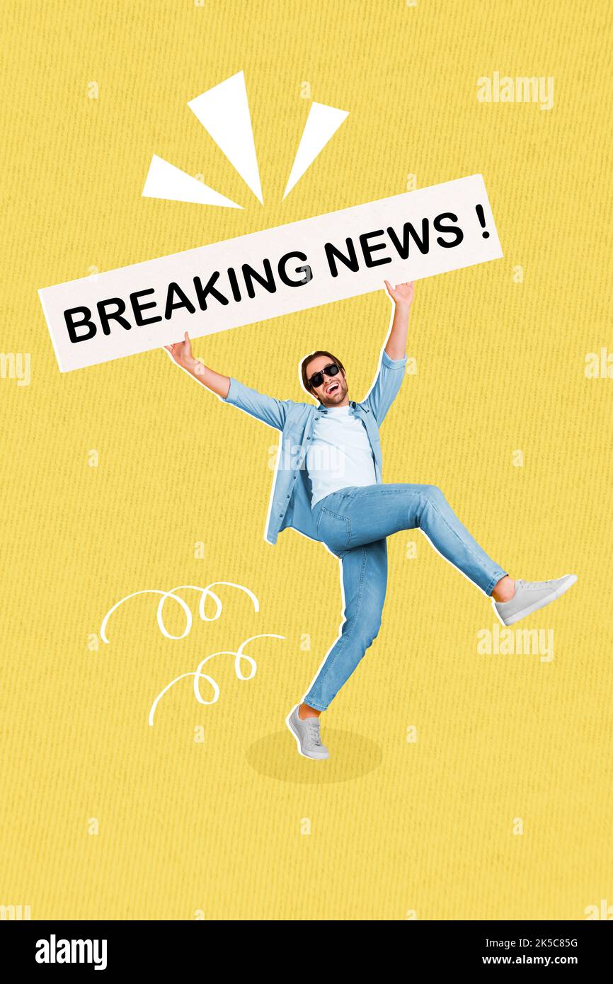 Vertical collage picture of excited cheerful guy arms hold breaking ...