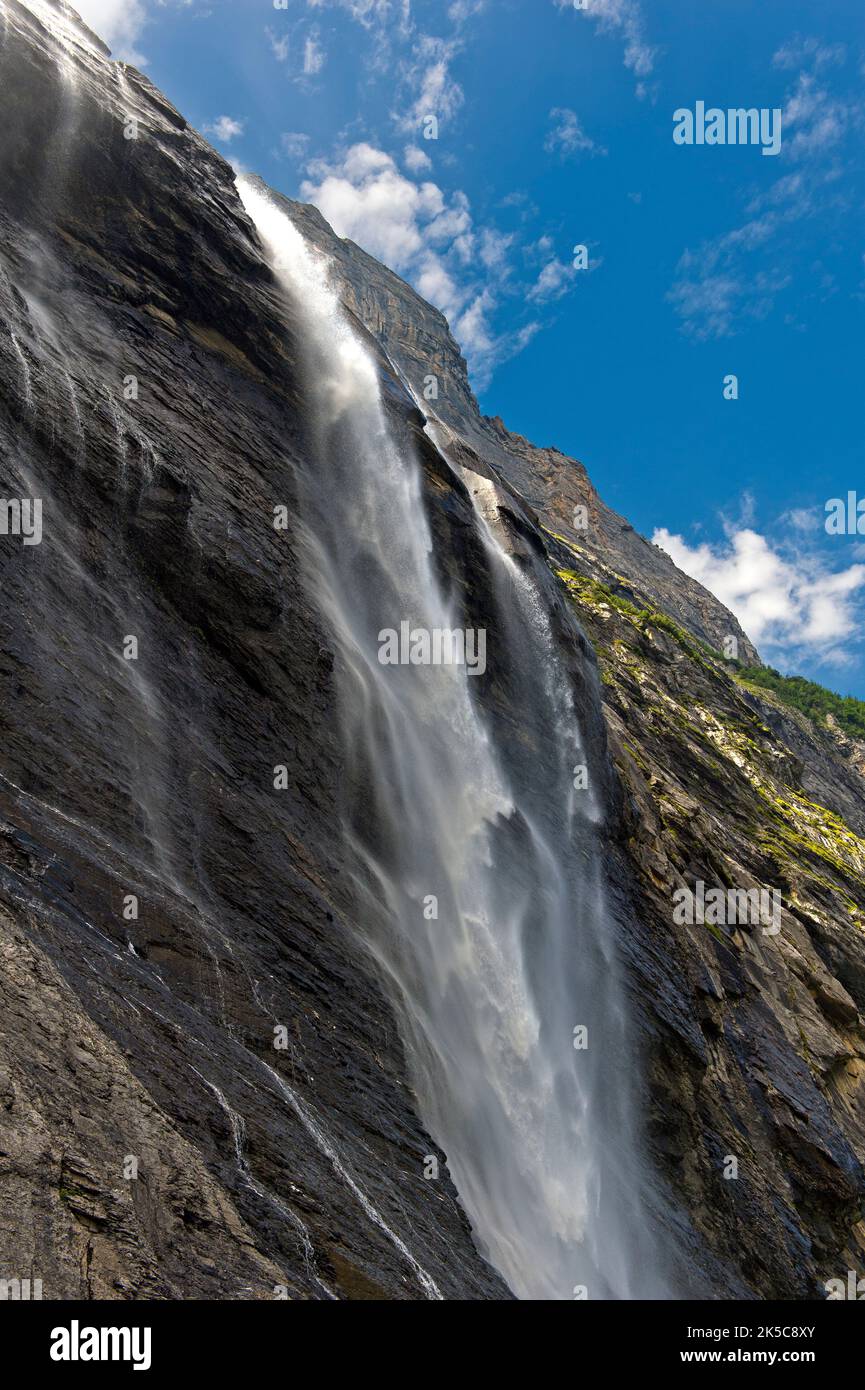 Waterfall thundering down a rock face, Gasterntal, Kandersteg, Bernese ...