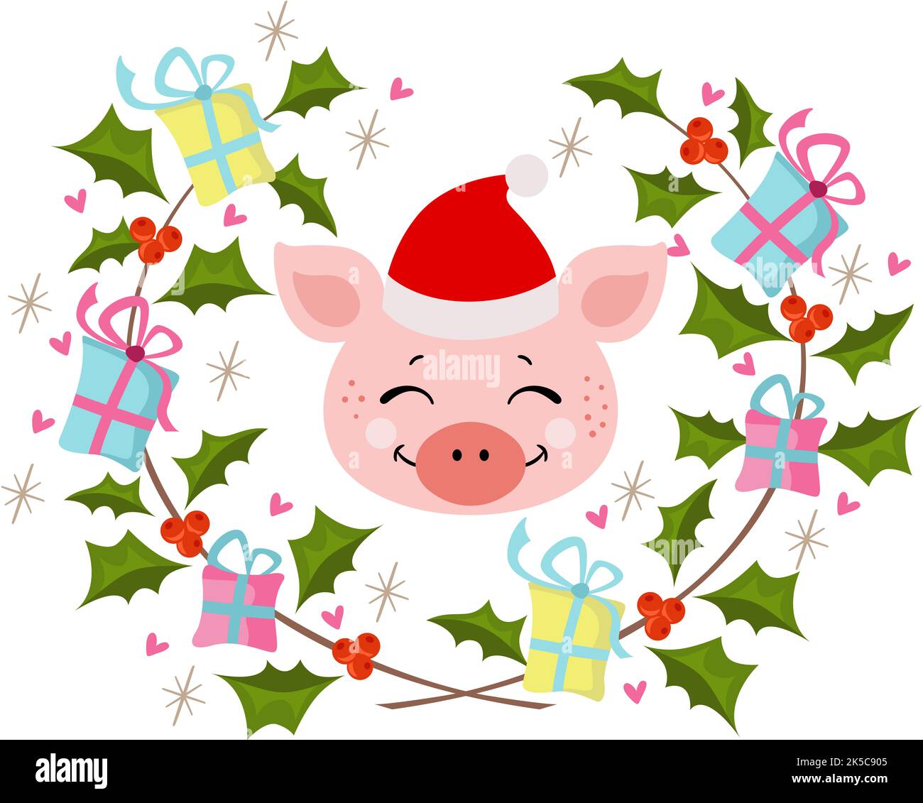 Christmas pig face on ornament with holly branch and gifts Stock Photo ...