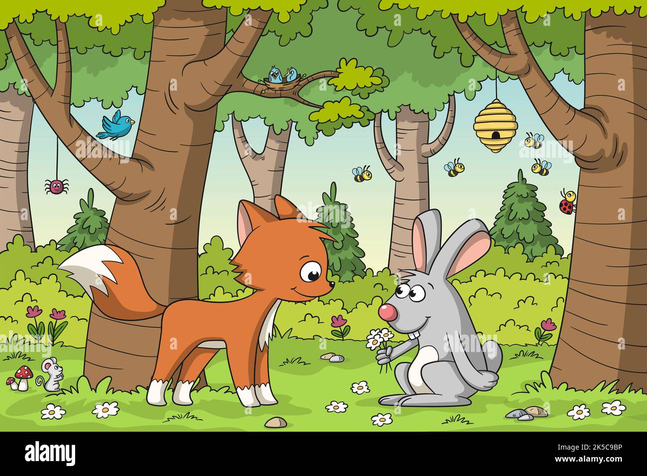 Fox and rabbit meet in the woods Stock Photo - Alamy