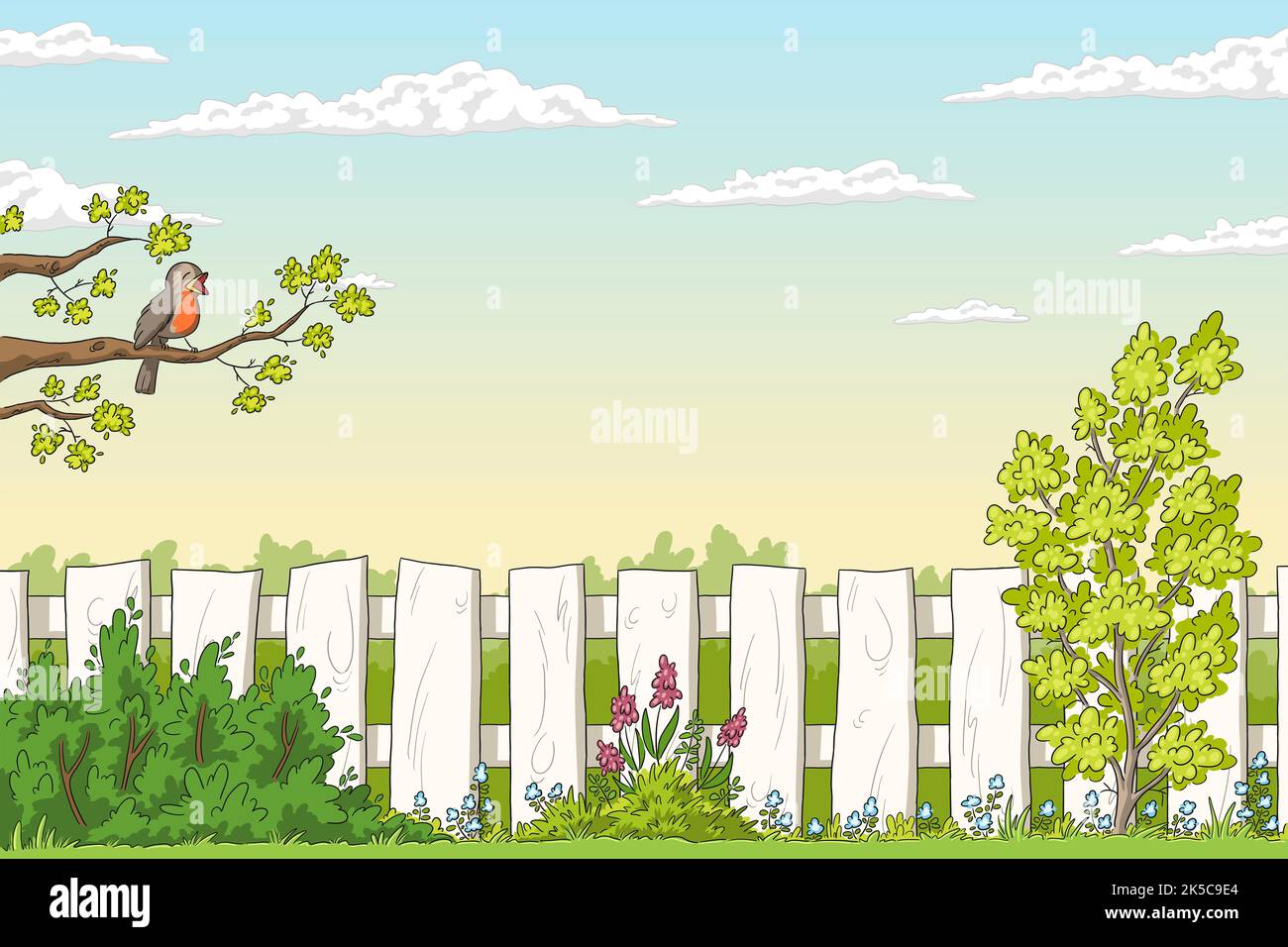 Spring landscape with bird and flowers Stock Photo - Alamy