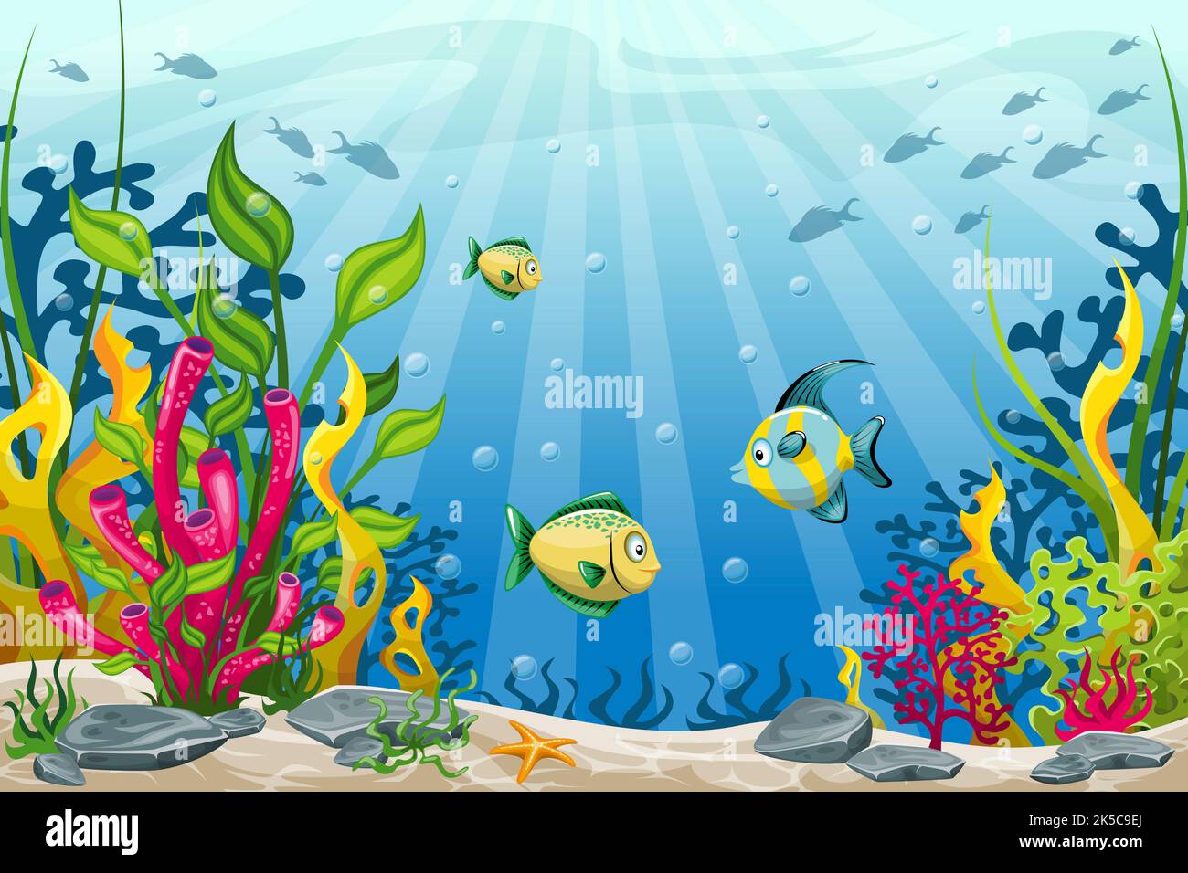 Illustration of underwater landscape with fish and stones Stock Photo ...