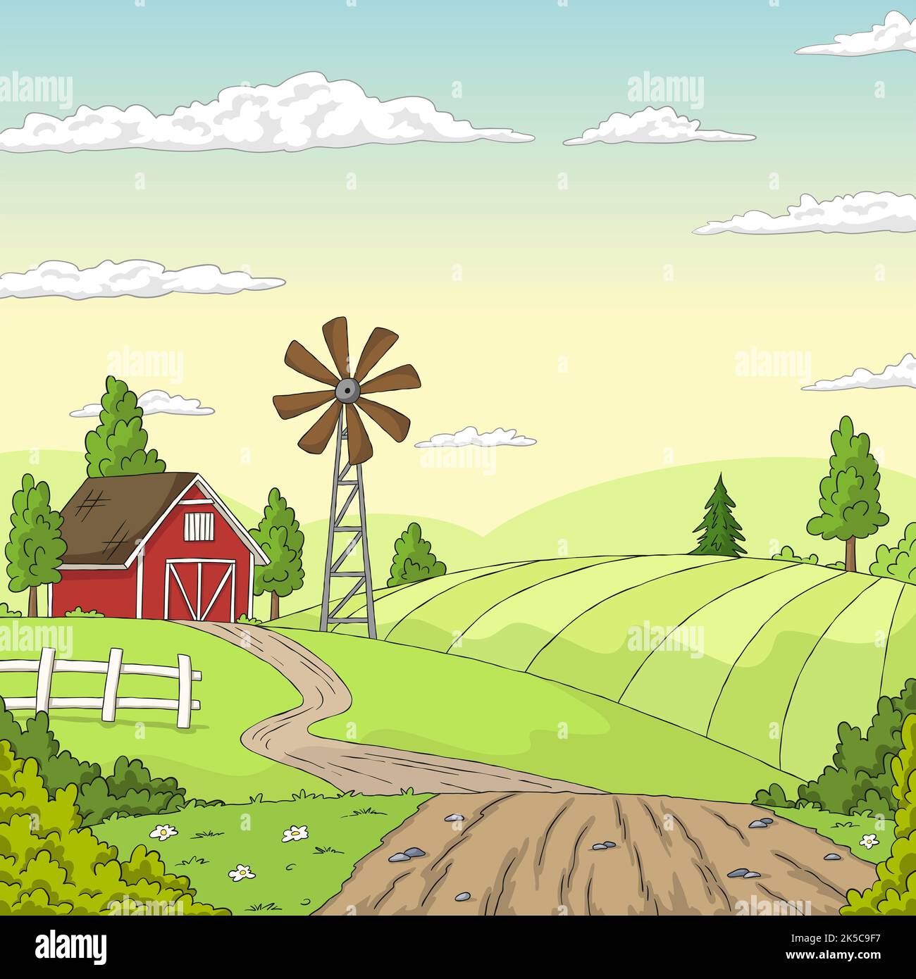 Cartoon illustration landscape windmill hi-res stock photography and ...