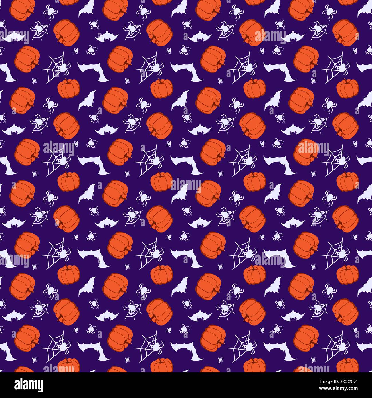 Seamless pattern with pumpkins, bats and spiders on violet background ...