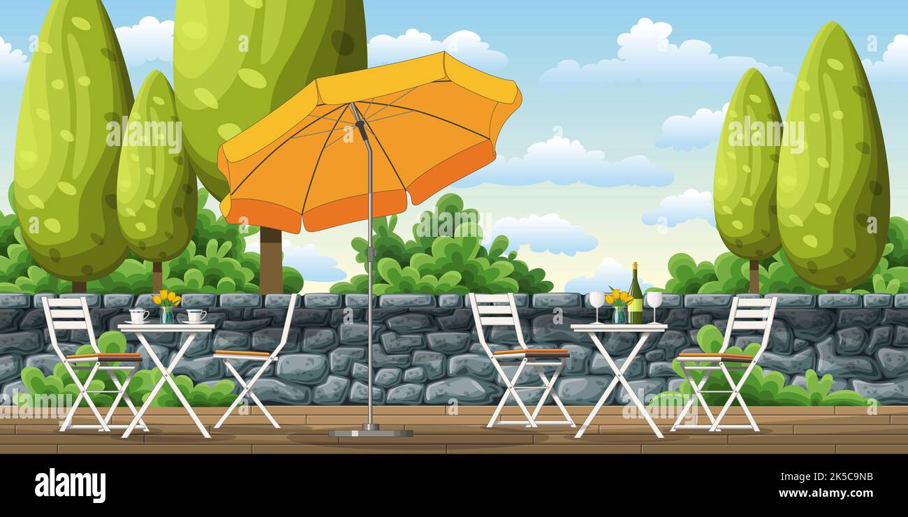 Illustration of a terrace with tables and chairs Stock Photo - Alamy