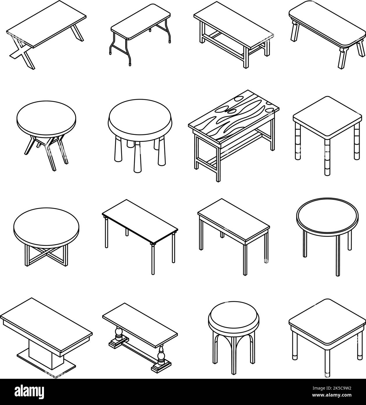 Table icons set. Isometric set of table vector icons thin line outline ...