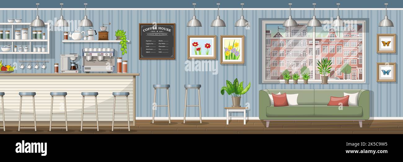 Illustration of a classic coffee shop, panorama Stock Photo - Alamy