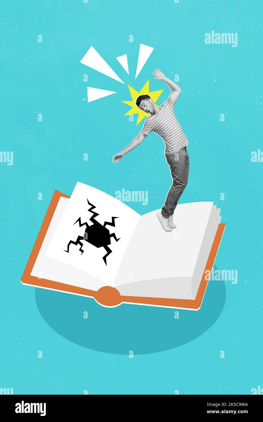 Composite collage image of funny falling man miniature opened book ...