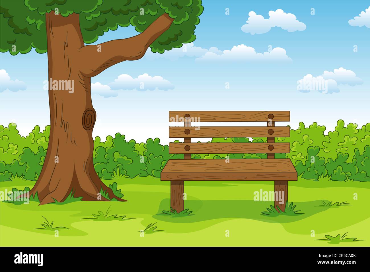 Illustration of a cartoon summer landscape with bench Stock Photo - Alamy