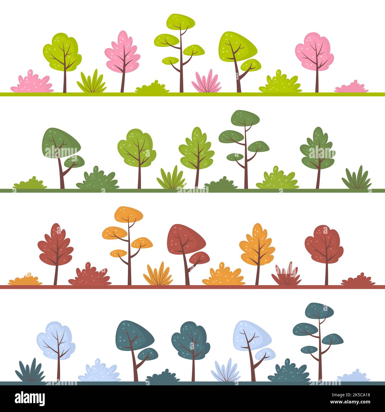Landscapes with abstract trees and bushes in different colors Stock ...