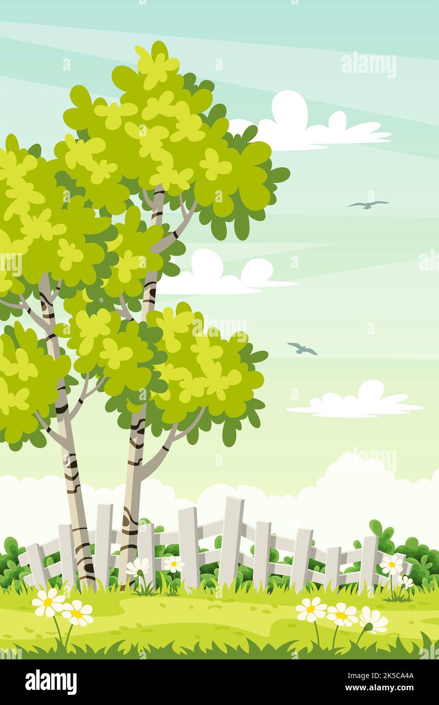 Spring landscape with trees and fence Stock Photo - Alamy