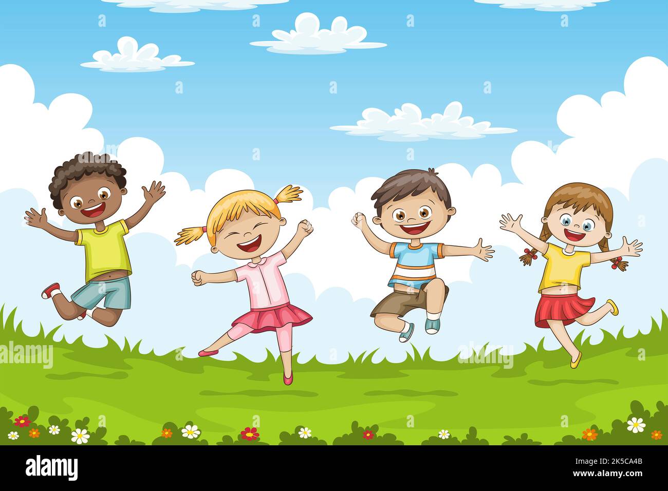 Children jumping on a meadow. Funny cartoon character Stock Photo - Alamy