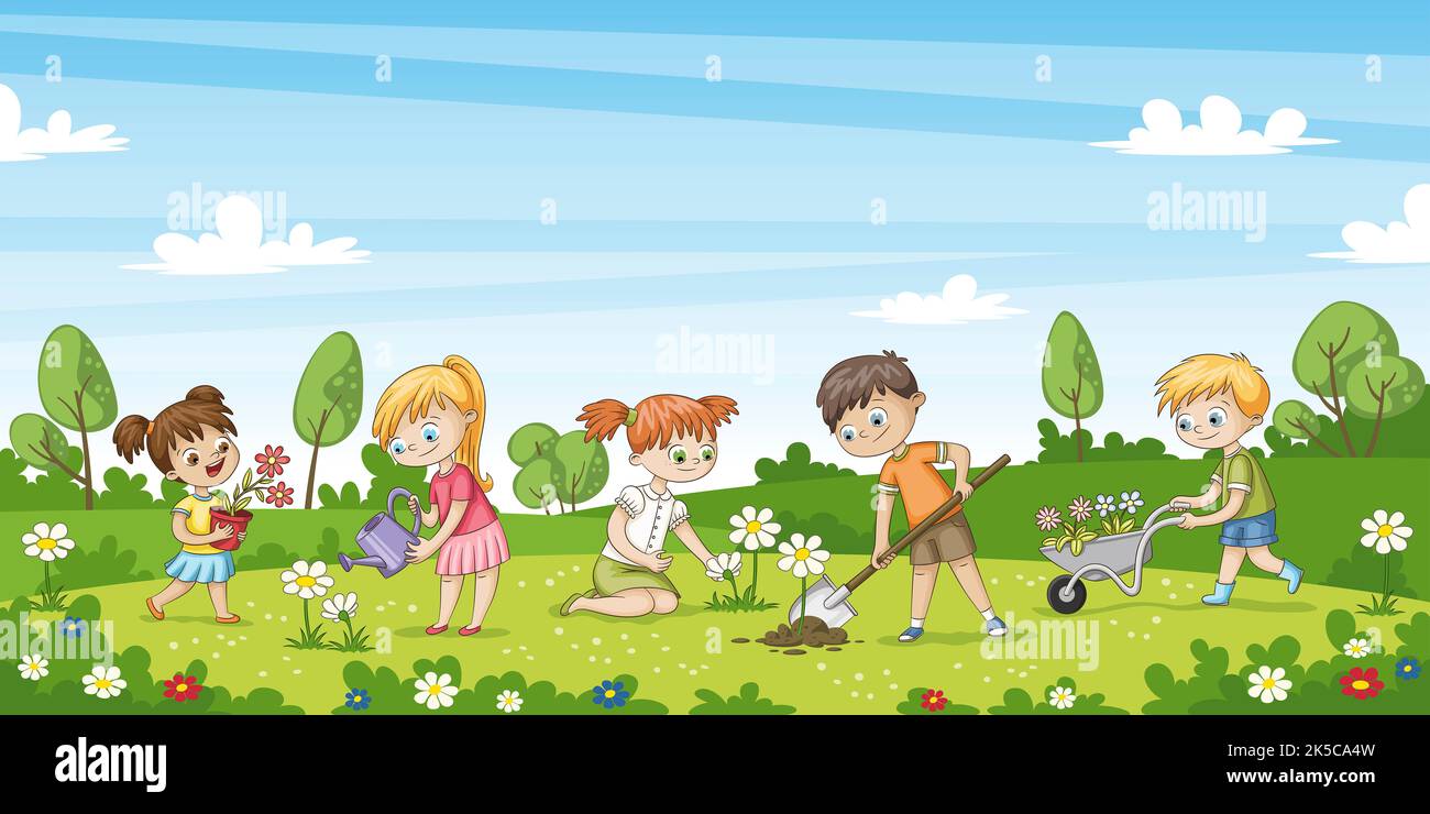 Cute children work in the garden. Funny cartoon character Stock Photo ...