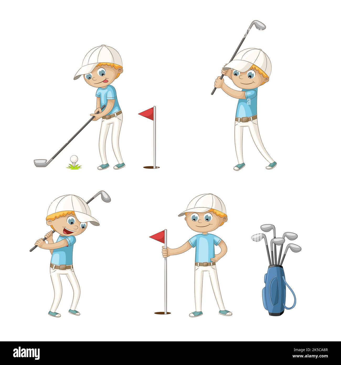 Boy playing golf. Funny cartoon character. Isolated on white background ...