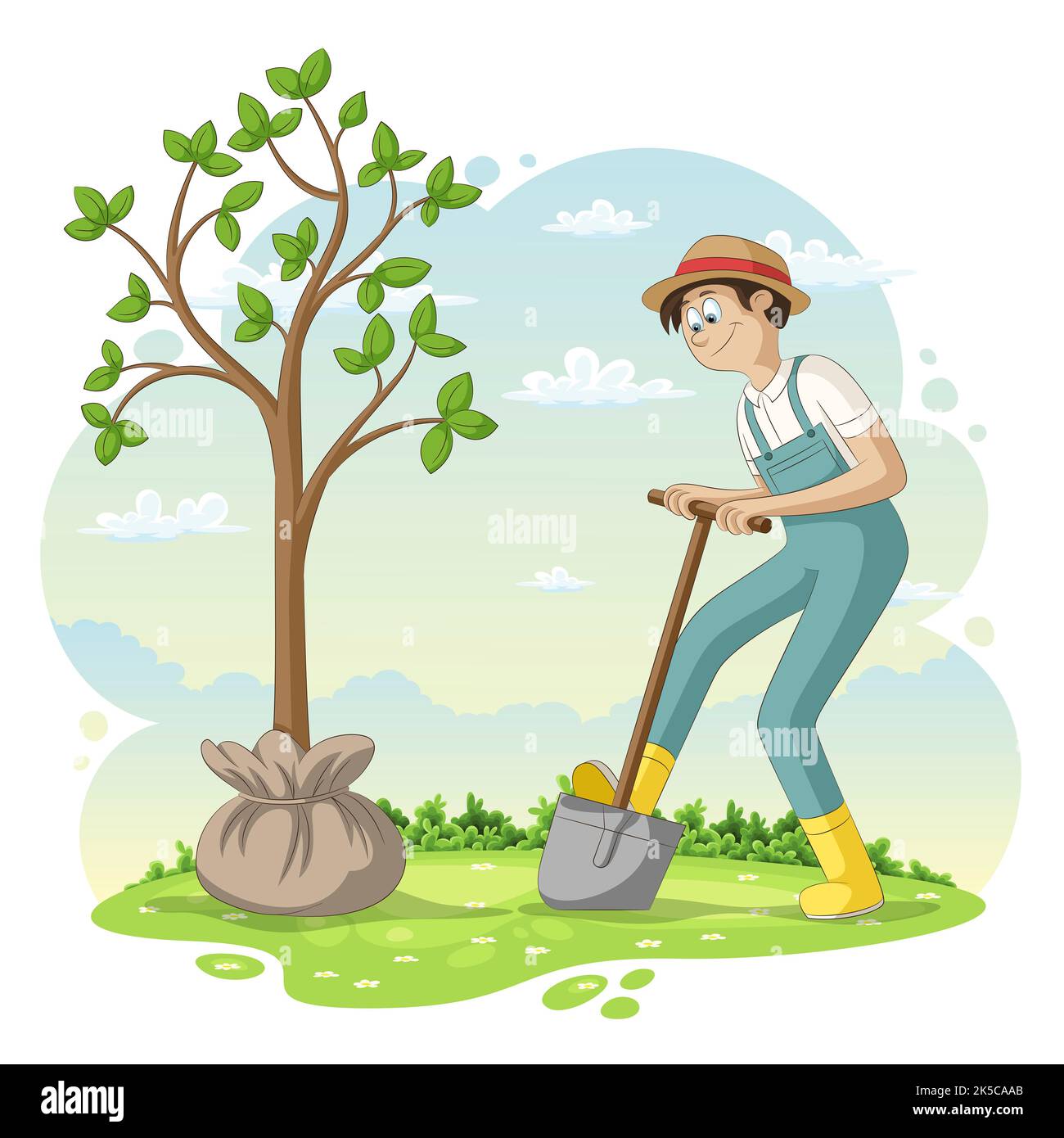 Young man is planting a tree, illustration Stock Photo - Alamy