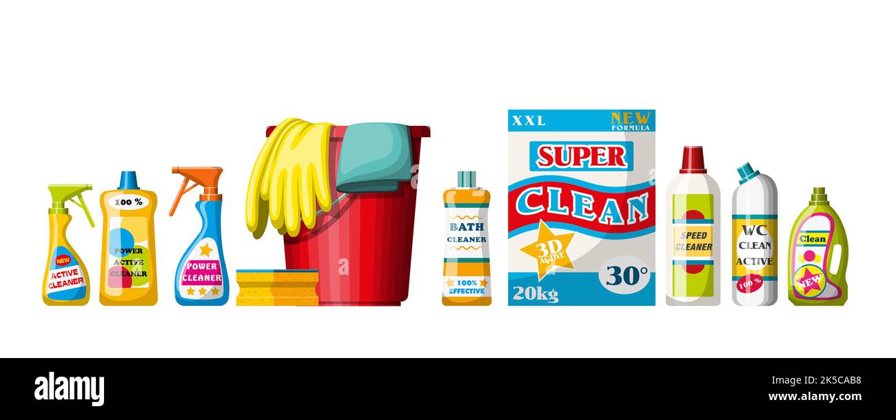 Collection of different cleaning agents. Isolated on white background ...