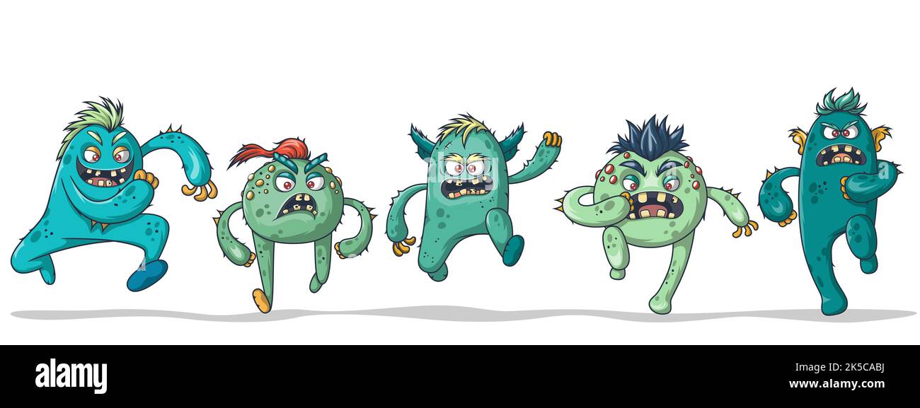 Five running crazy monsters on white background Stock Photo - Alamy
