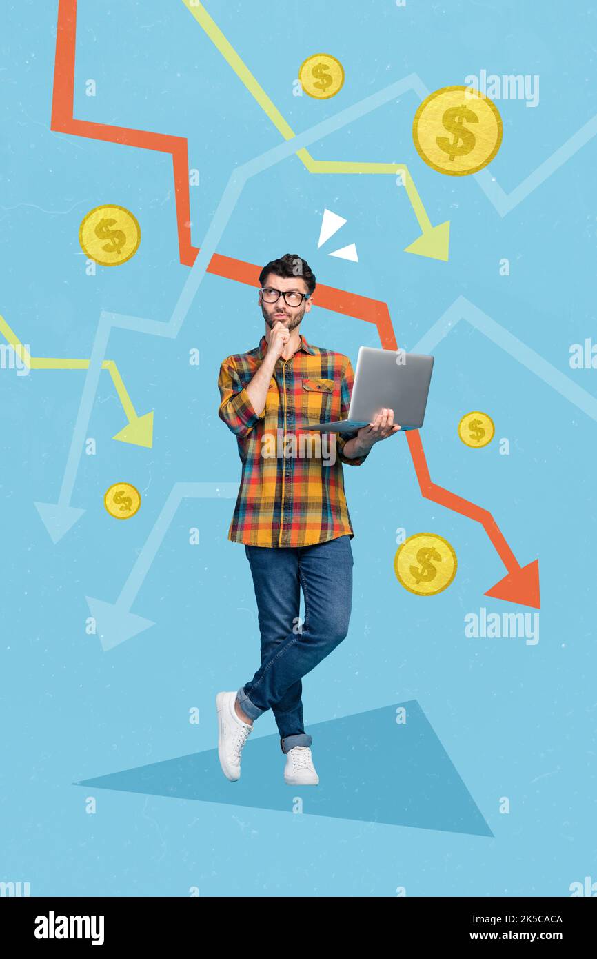 Composite collage image of upset young businessman hold laptop arrows ...