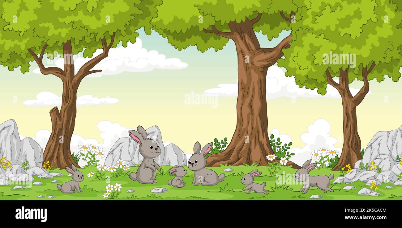 Funny cartoon rabbits and trees, hand draw illustration Stock Photo - Alamy