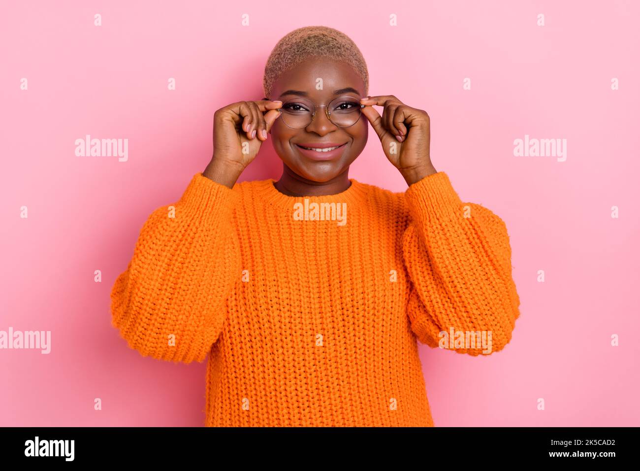 Portrait of satisfied glad person hands touch glasses toothy smile ...