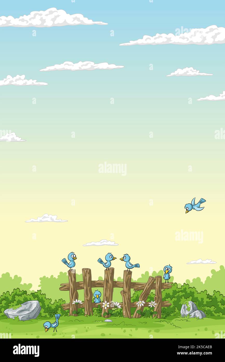 Cute cartoon birds on a fence in garden Stock Photo - Alamy