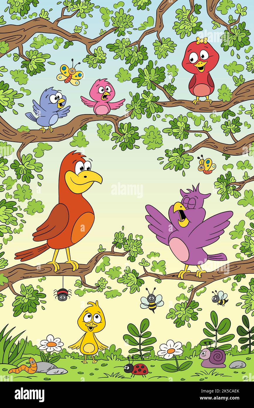 Funny birds in tree Stock Photo - Alamy