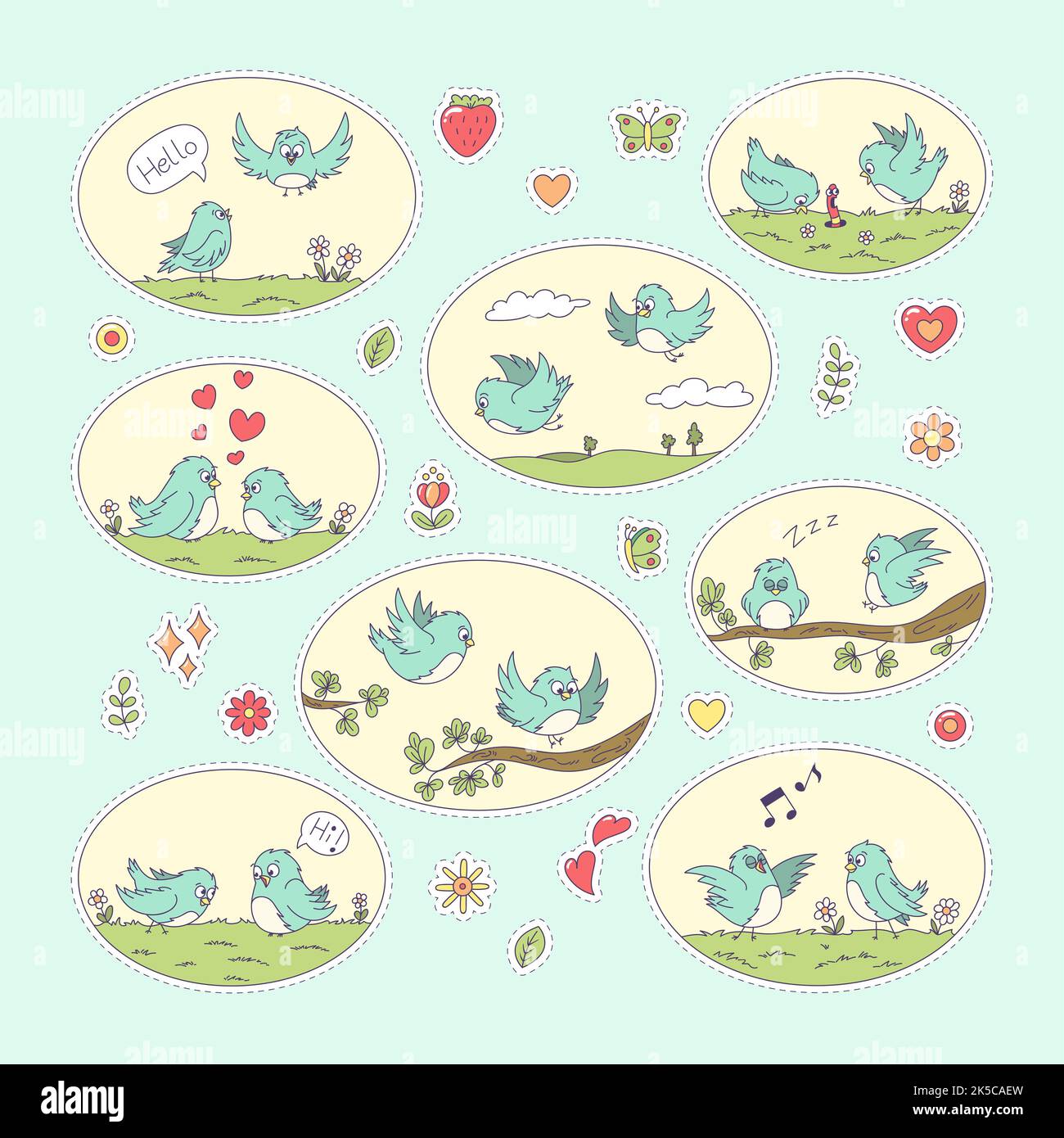 Birds sticker. Set of cute cartoon characters Stock Photo - Alamy