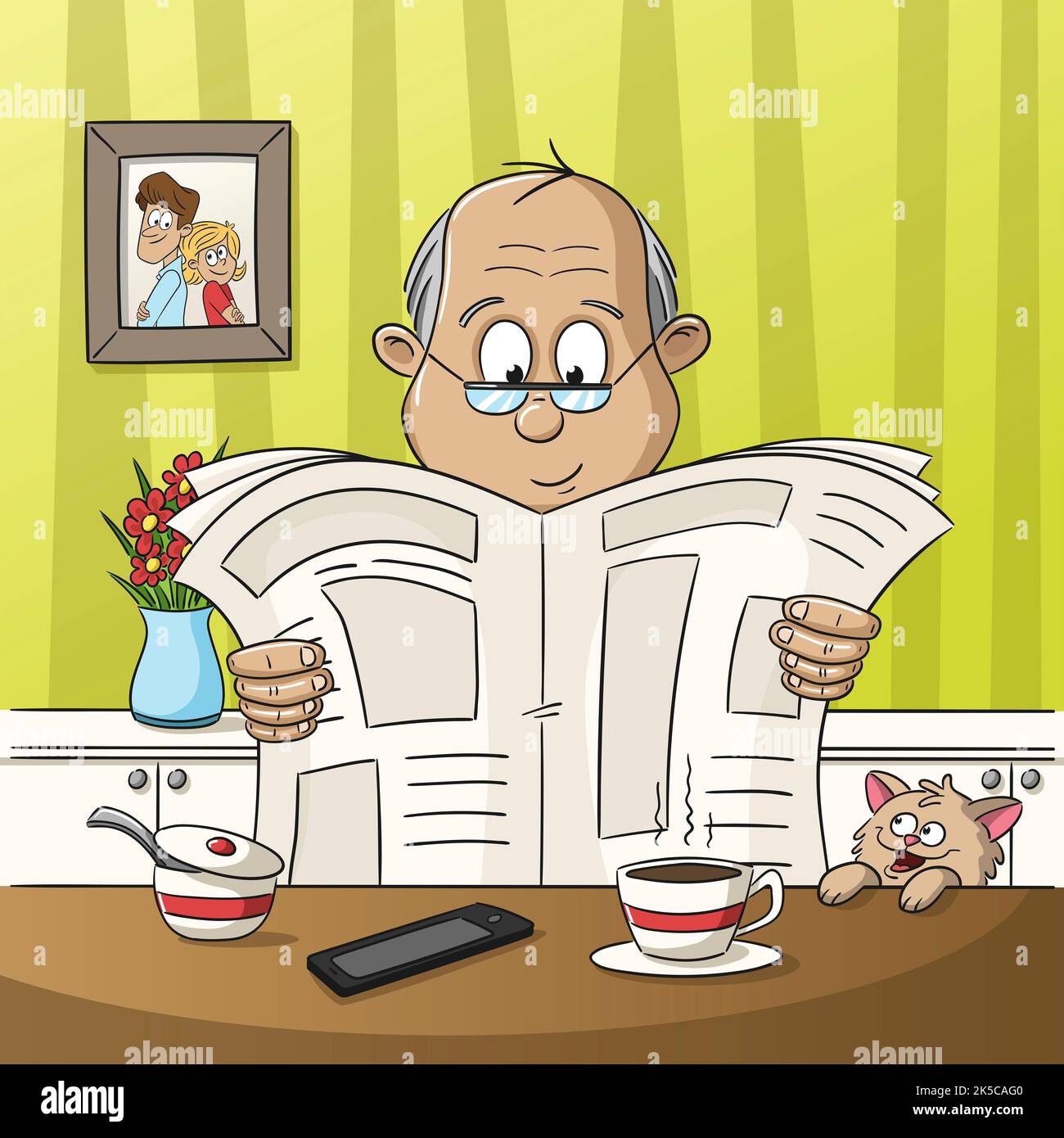A man is sitting at the table reading a newspaper Stock Photo - Alamy