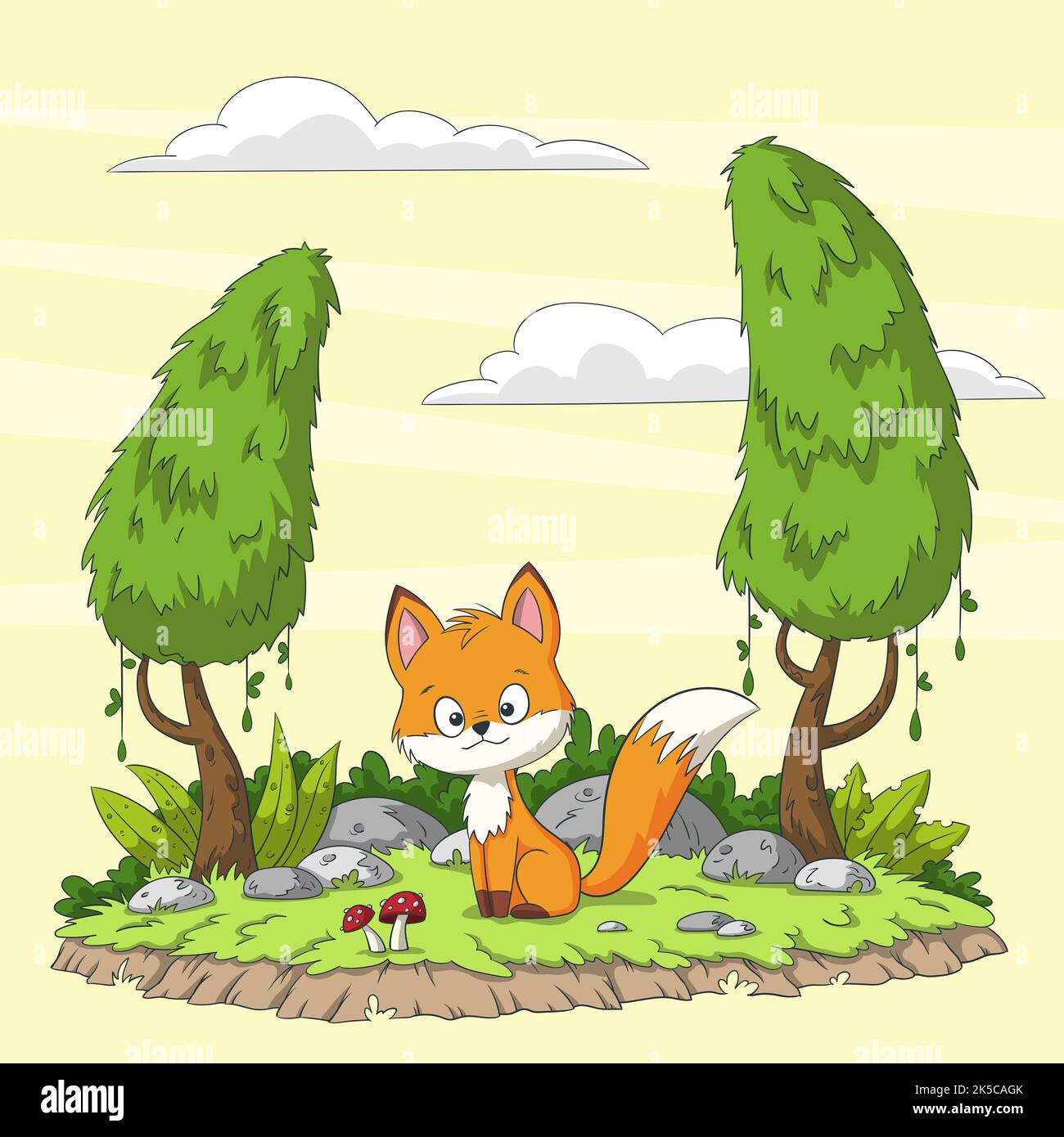 Cute cartoon fox in the forest Stock Photo - Alamy