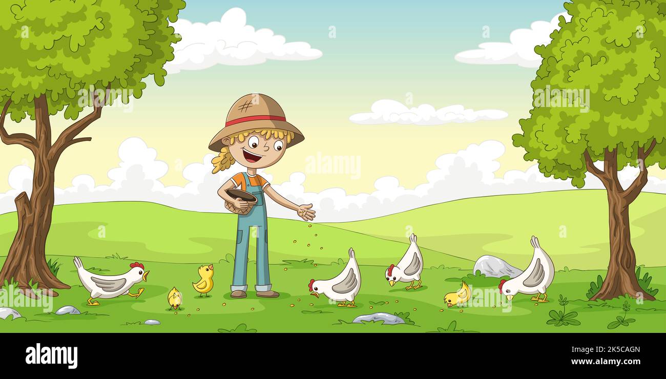 Little girl feeds some chickens and chicks. Cartoon character ...