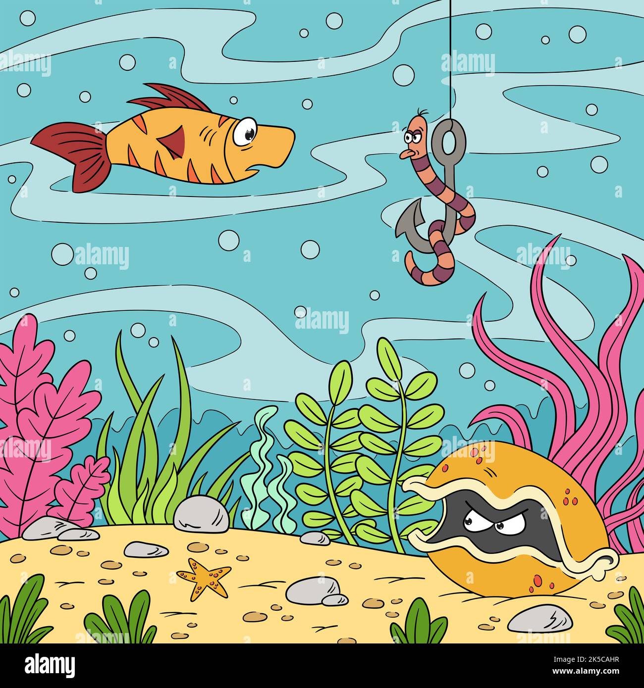 Cartoon underwater landscape with fishes and plants Stock Photo - Alamy