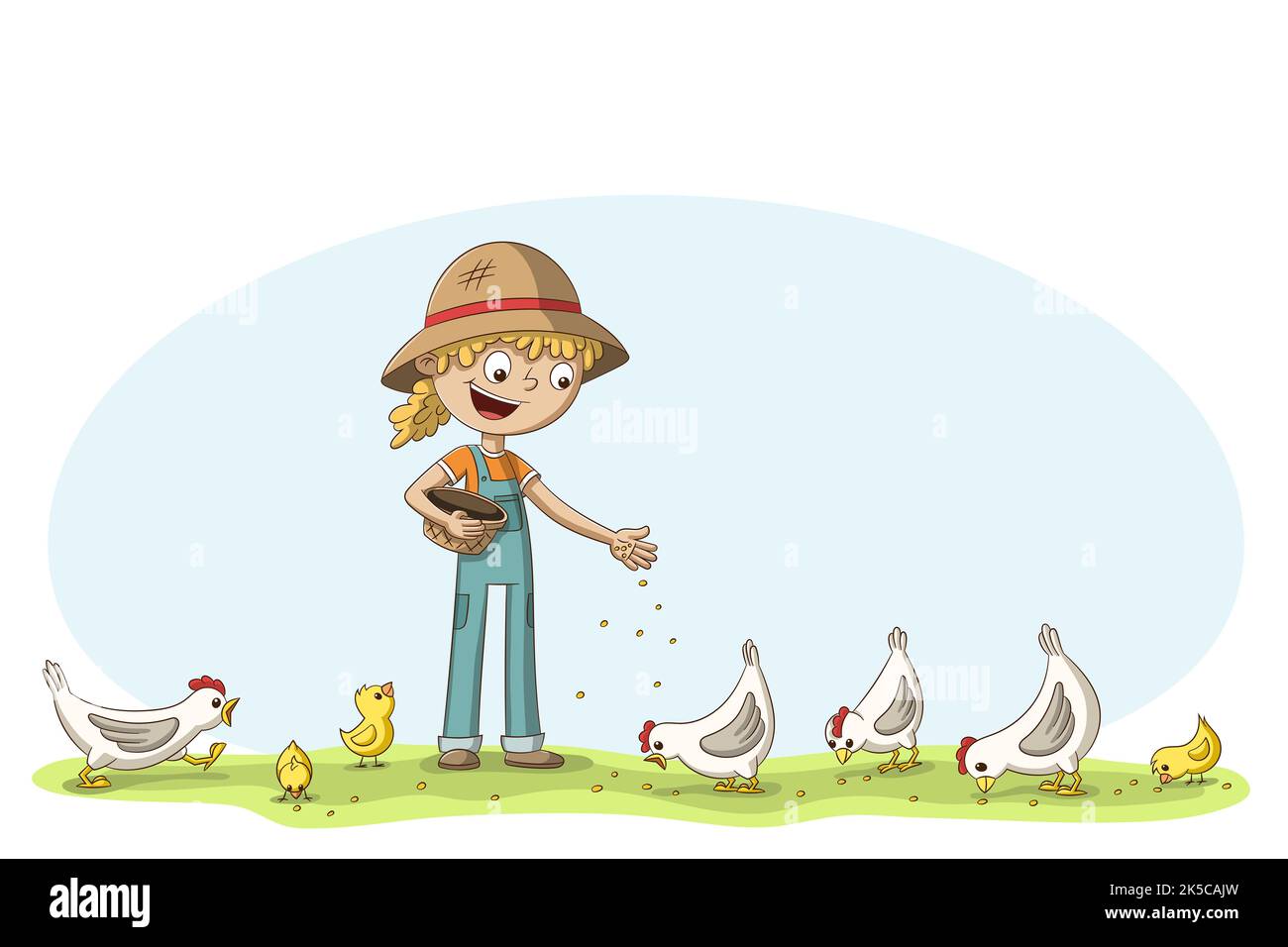 Little girl feeds some chickens and chicks. Cartoon character ...