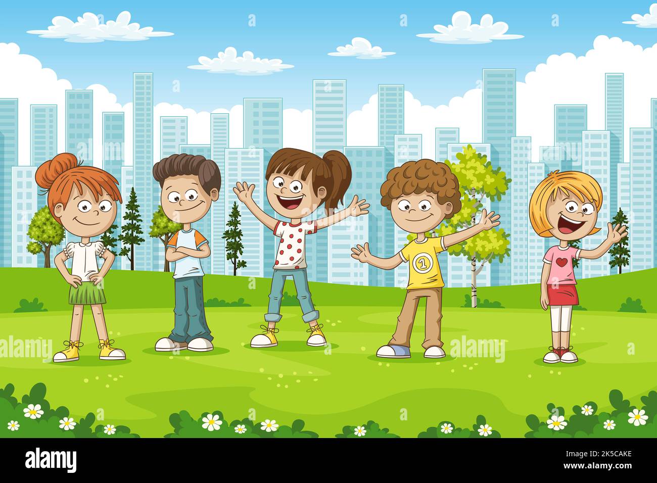Some kids in the park. Funny cartoon hand drawn character Stock Photo ...