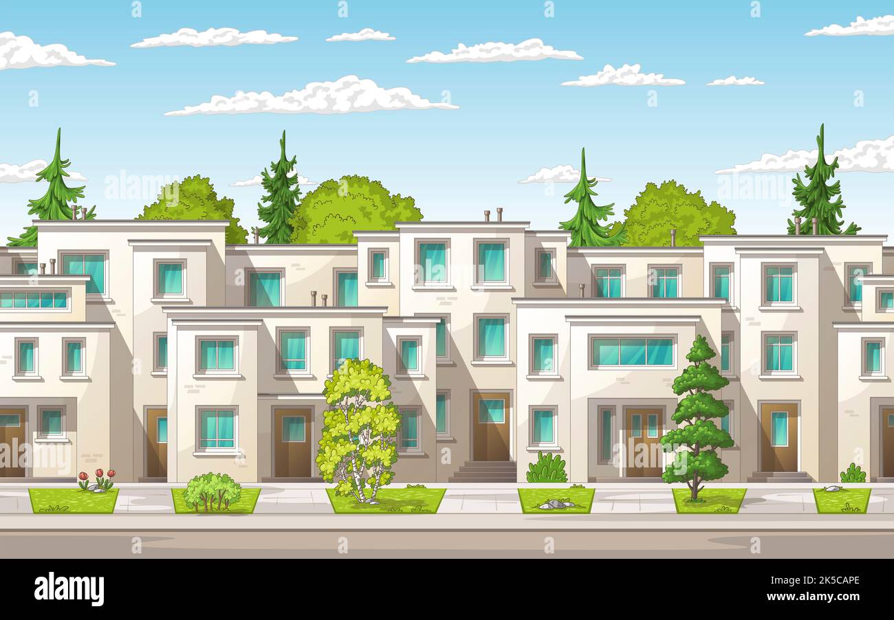 Modern town buildings with smal gardens on a street in summer. Concept ...