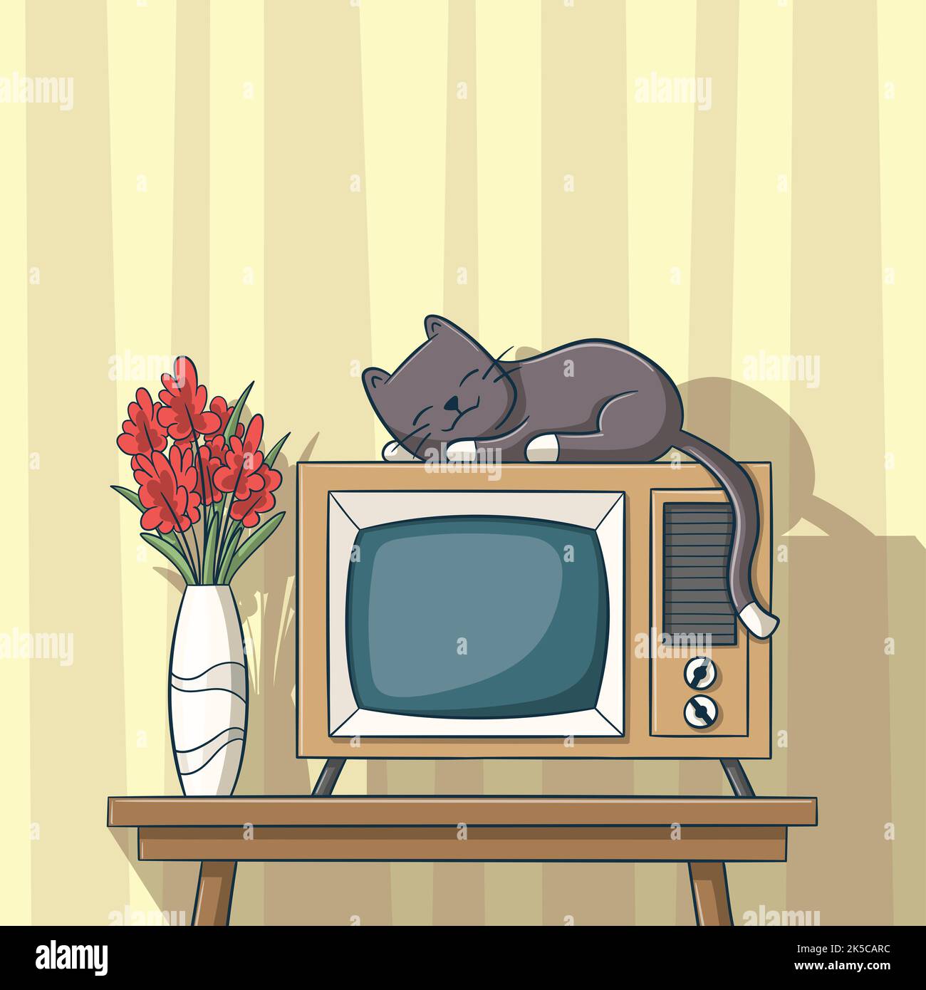 Cat sleeps on an old tv. Boy and girl playing Stock Photo - Alamy