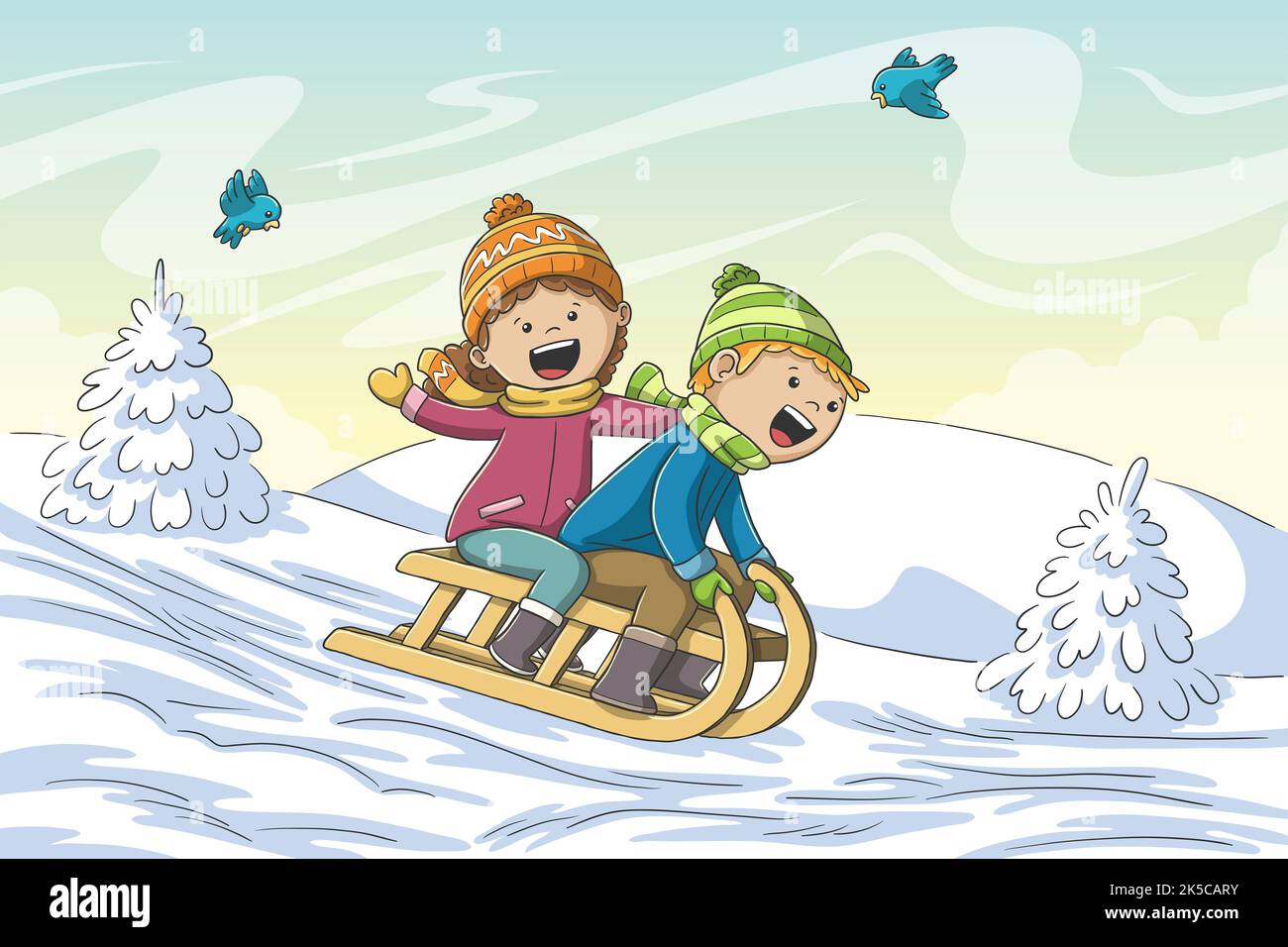 Two kids go sledging Stock Photo - Alamy