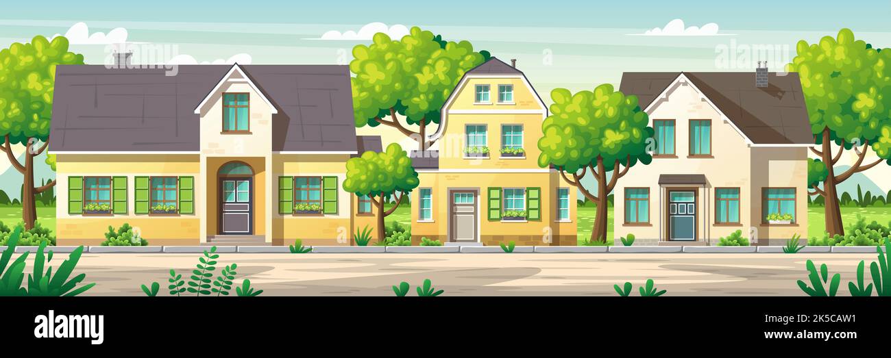 Modern houses with garden on a street in summer. Concept for banner ...