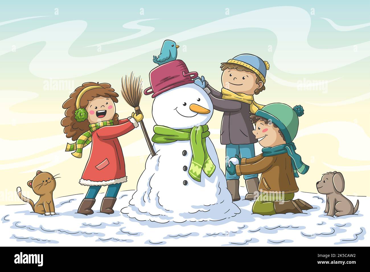 Three kids build a snowman Stock Photo - Alamy