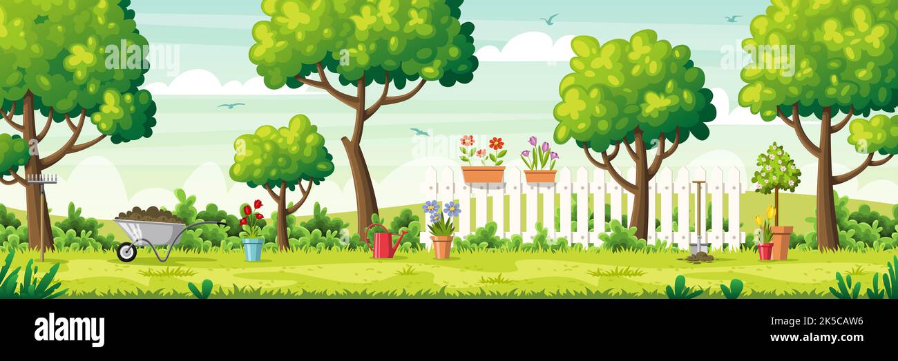Summer garden with garden tools and fence. Concept for banner, web ...