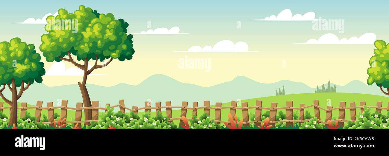 Seamless summer landscape with trees, fence and flowers. background and ...